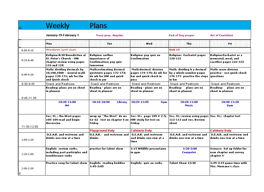 Weekly Lesson Plans: Jan 29-Feb 1 | PDF