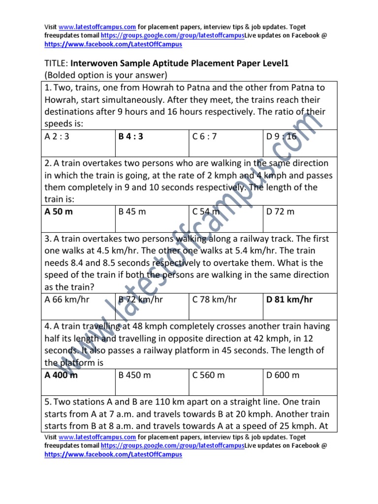 Interwoven Sample Aptitude Placement Paper Level1 | PDF | Prices | Train