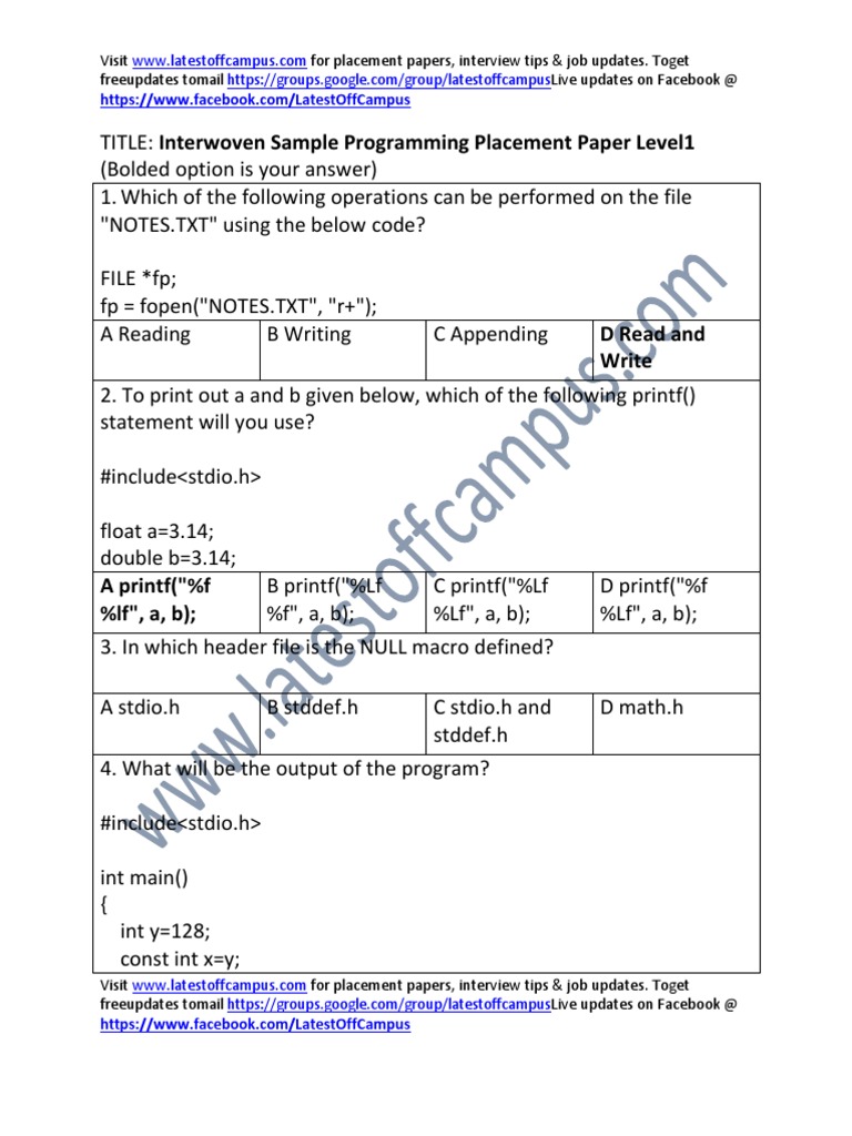 Interwoven Sample Programming Placement Paper Level1 | PDF | Constructor (Object Oriented ...
