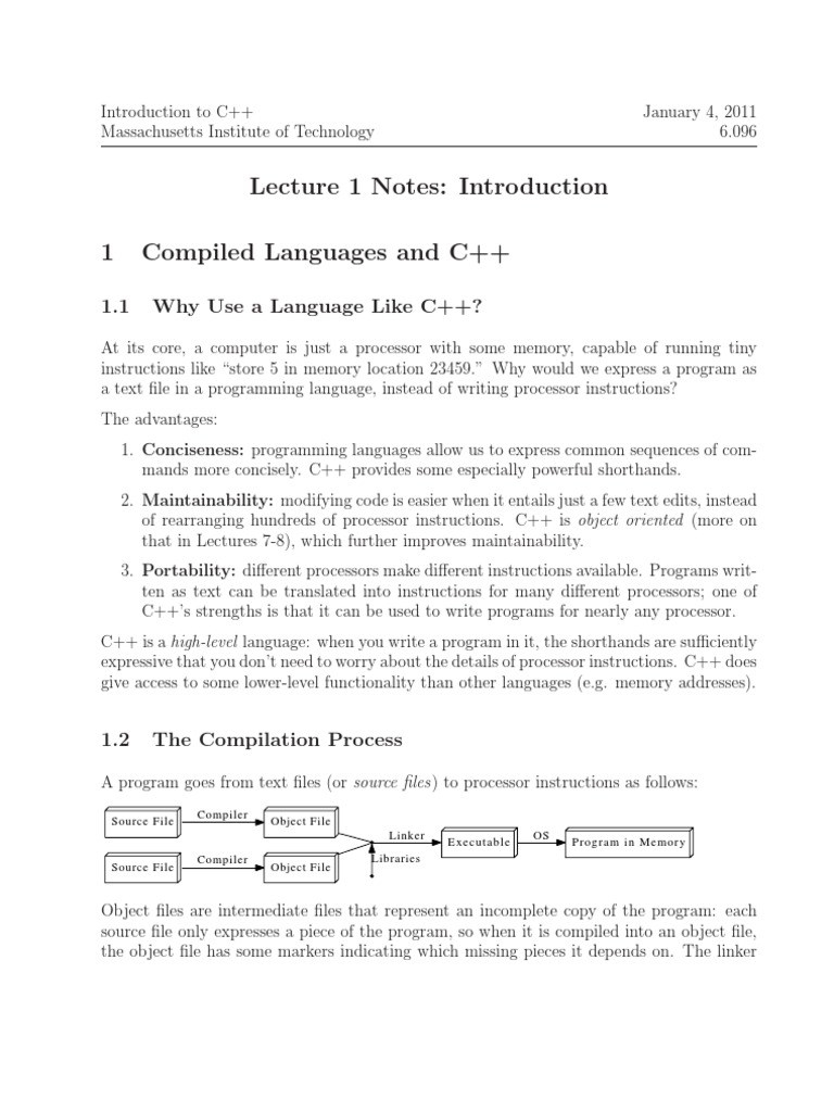 Lecture 1 Notes: Introduction 1 Compiled Languages and C++ | PDF ...
