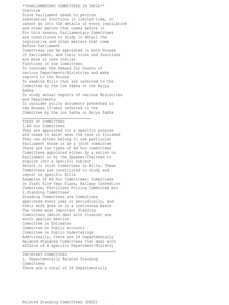 Parliamentary Committees of India | PDF | Committee | Constitutional Law