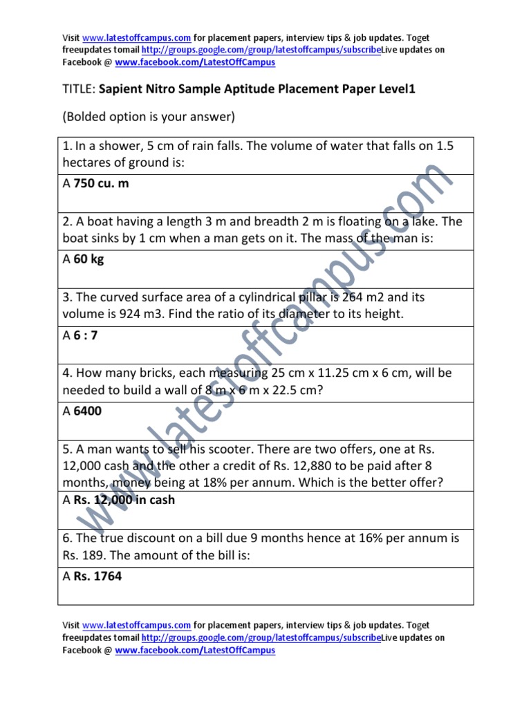 Sapient Nitro Sample Aptitude Placement Paper Level1 | Download Free PDF | Speed | Stocks