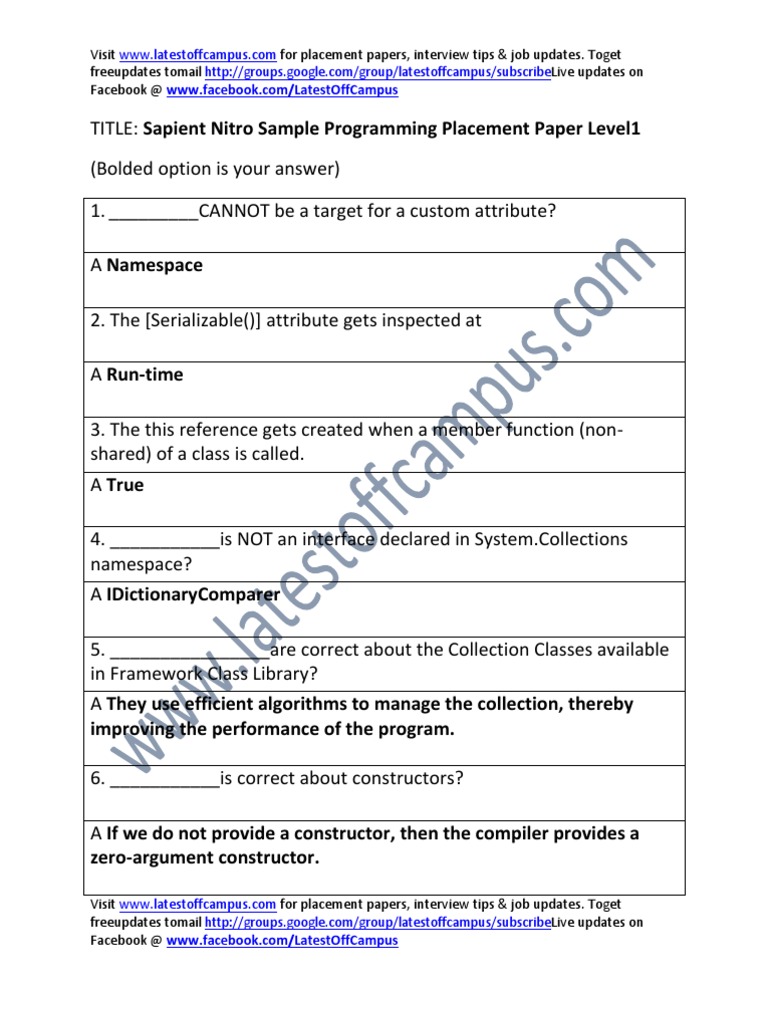 Sapient Nitro Sample Programming Placement Paper Level1 | PDF | C Sharp (Programming Language ...