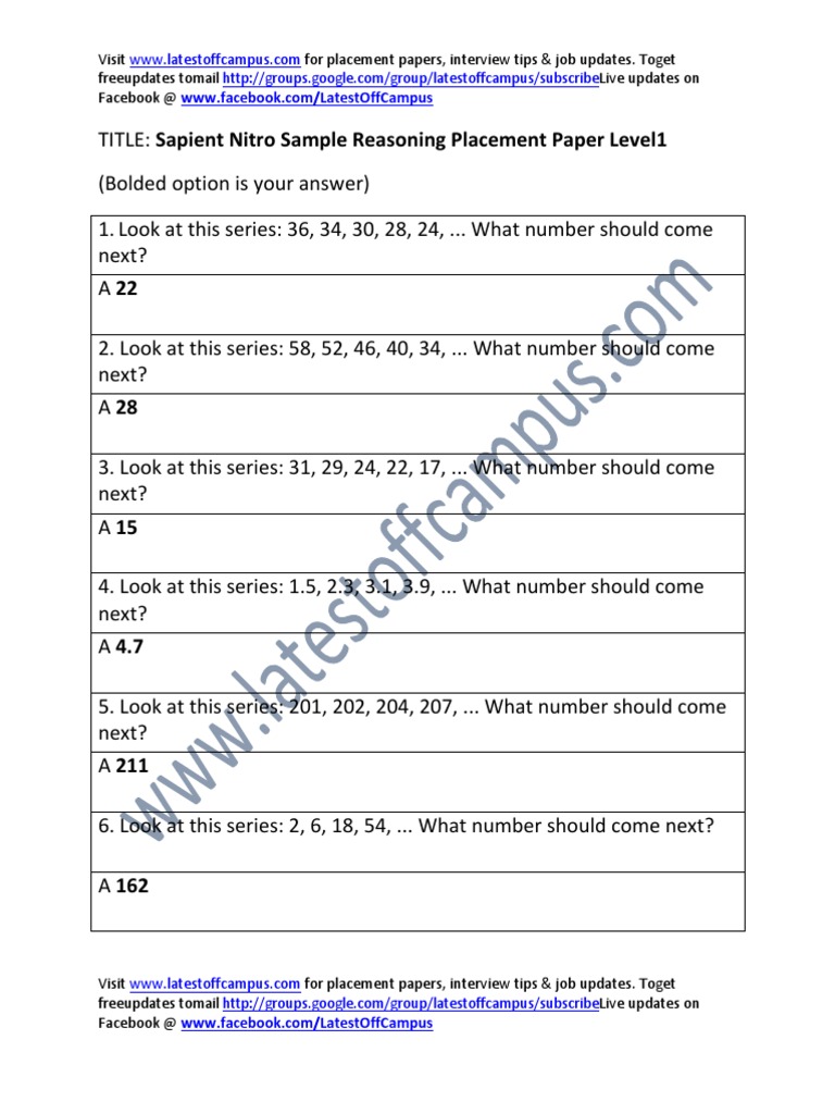 Sapient Nitro Sample Reasoning Placement Paper Level1 | PDF | Business