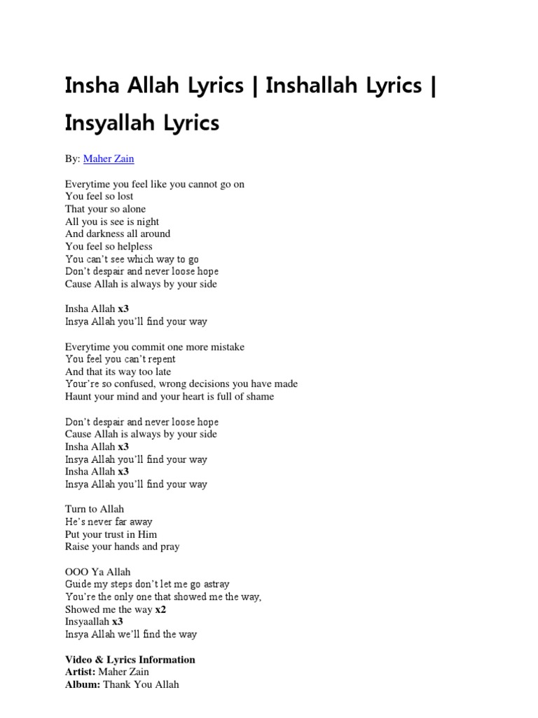 Insha Allah Lyrics - Inshallah Lyrics - Insyallah Lyrics: Maher Zain ...