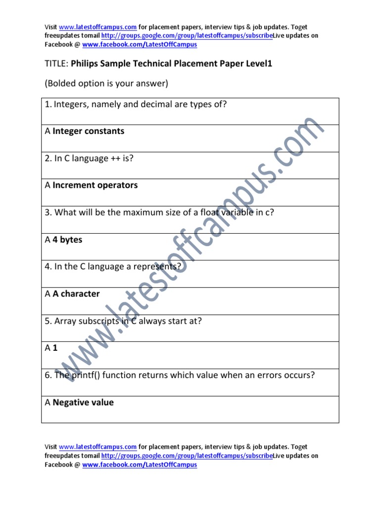Philips Sample Technical Placement Paper Level1 | PDF | Data Model | C (Programming Language)