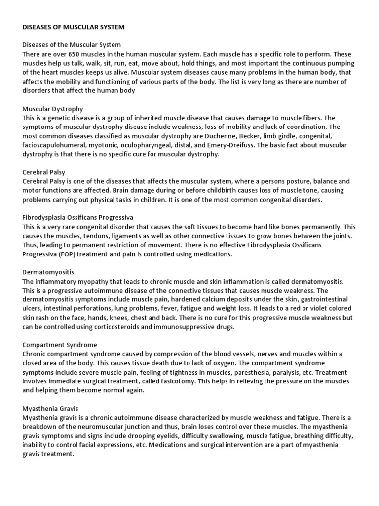 Muscular System Diseases Guide | PDF | Muscular Dystrophy | Amyotrophic ...