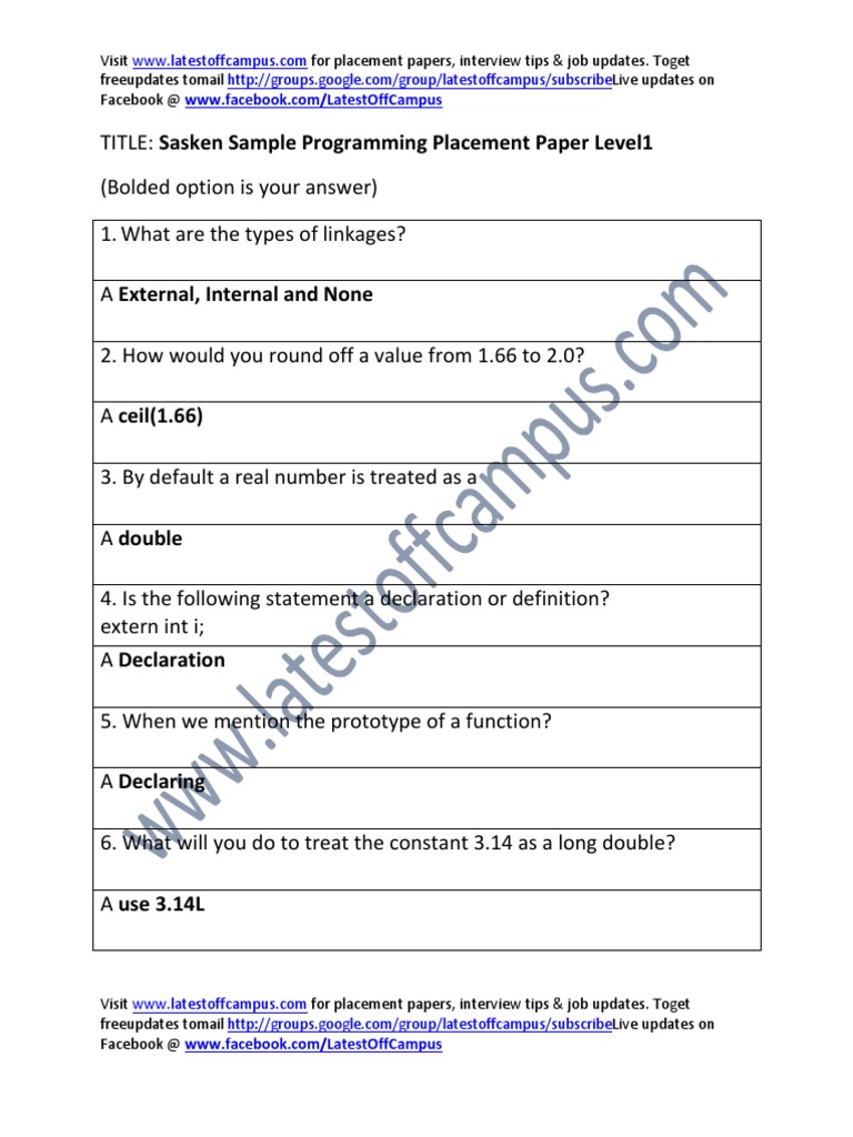 Sasken Sample Programming Placement Paper Level1 | PDF | Pointer (Computer Programming) | Class ...