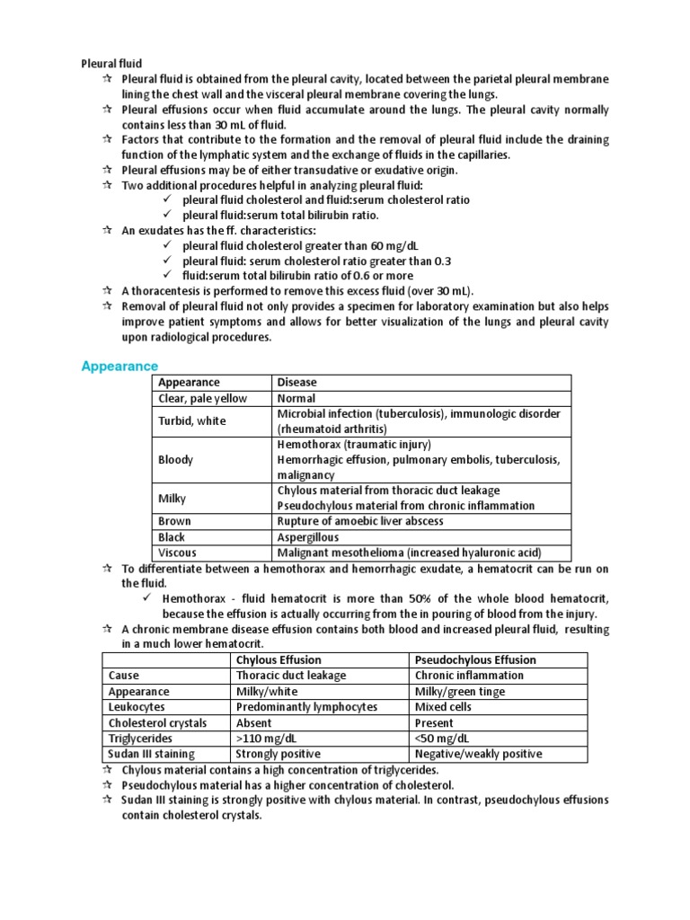 Pleural Fluid Analysis Guide | PDF | Clinical Medicine | Diseases And ...