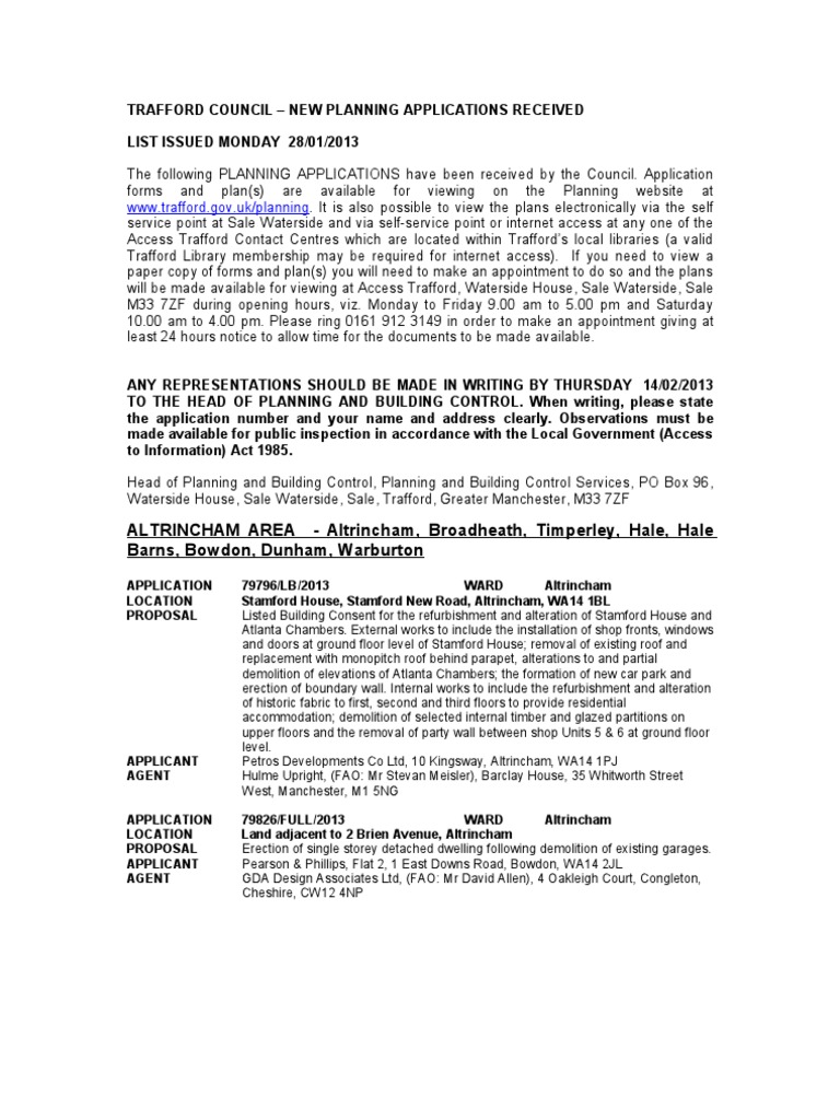 Trafford Council Planning Applications - 28.01.13 | PDF | Components ...