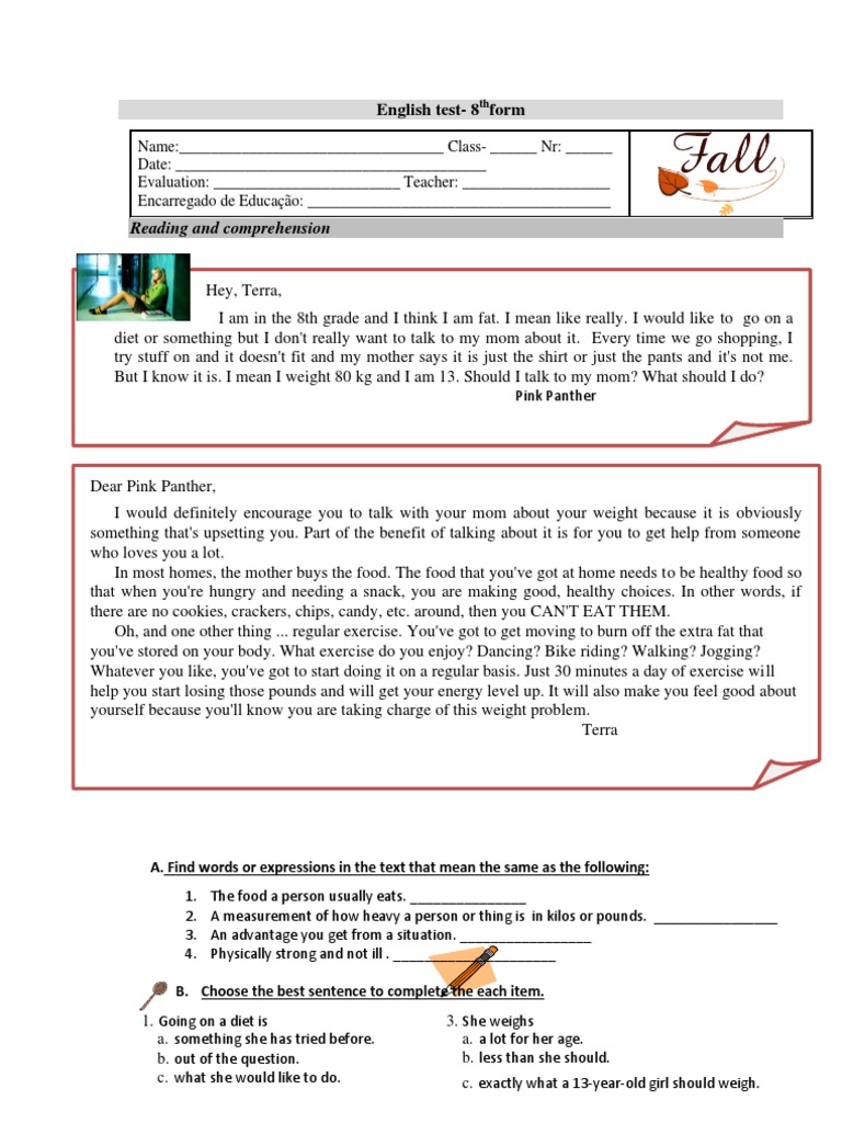 8th Grade Healthy Food Reading Test | PDF | Dieting | Foods
