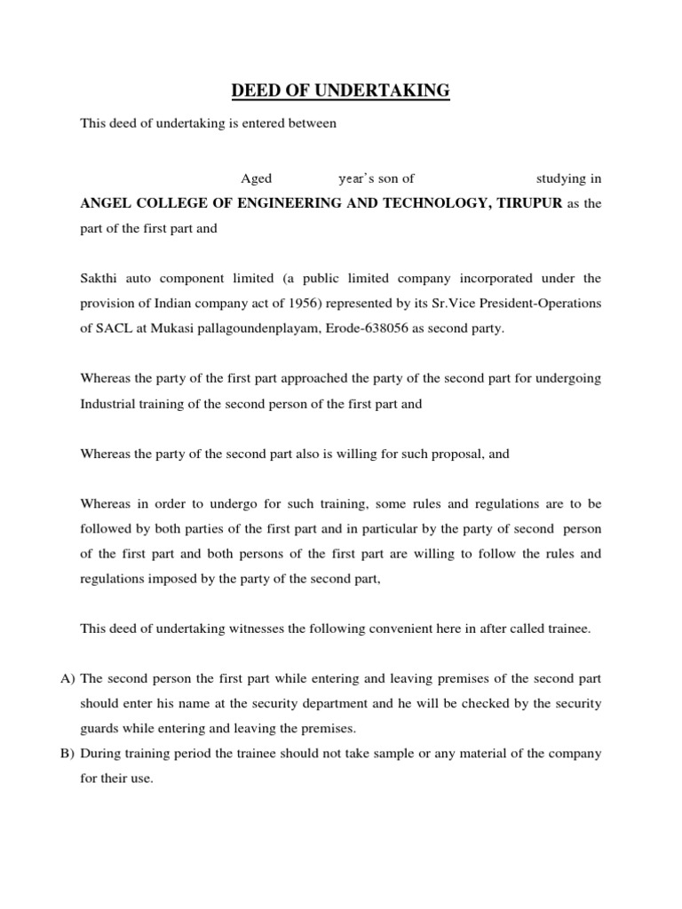 Deed of Undertaking for Industrial Training | PDF | Security Guard ...