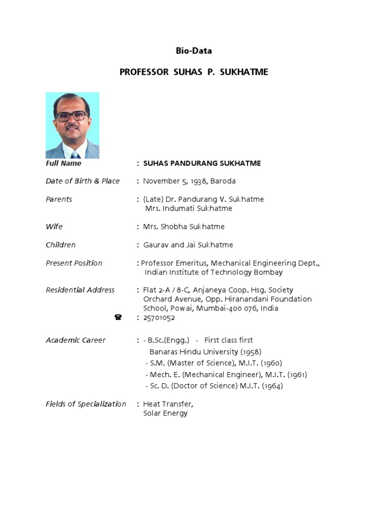 S P Sukhatme Bio Data | PDF | Heat Transfer | Building Engineering