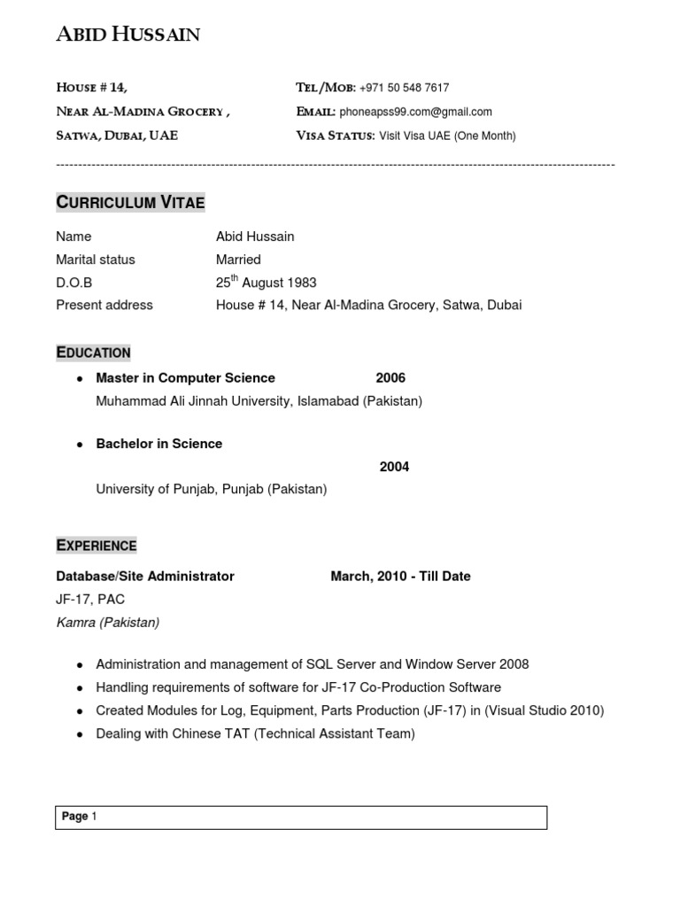 Abid Hussain: CV and Experience Summary | PDF | Career & Growth | Business