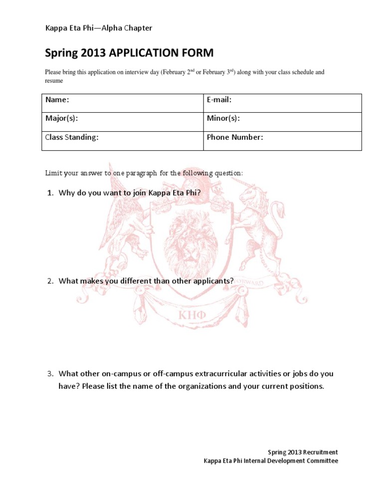 Kappa Eta Phi Spring 2013 Application | PDF