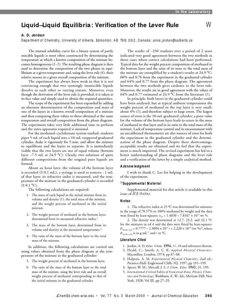 Liquid-Liquid Equilibria: Verification of The Lever Rule: A. D. Jordan ...