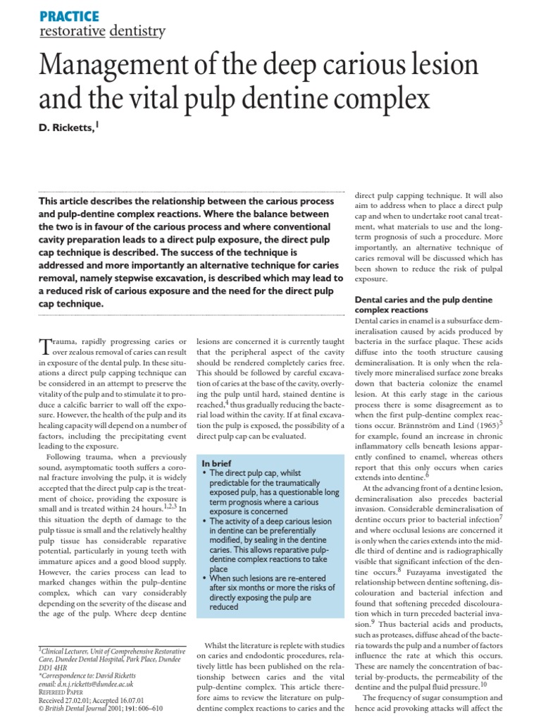 Management of The Deep Carious Lesion and The Vital Pulp Dentine ...