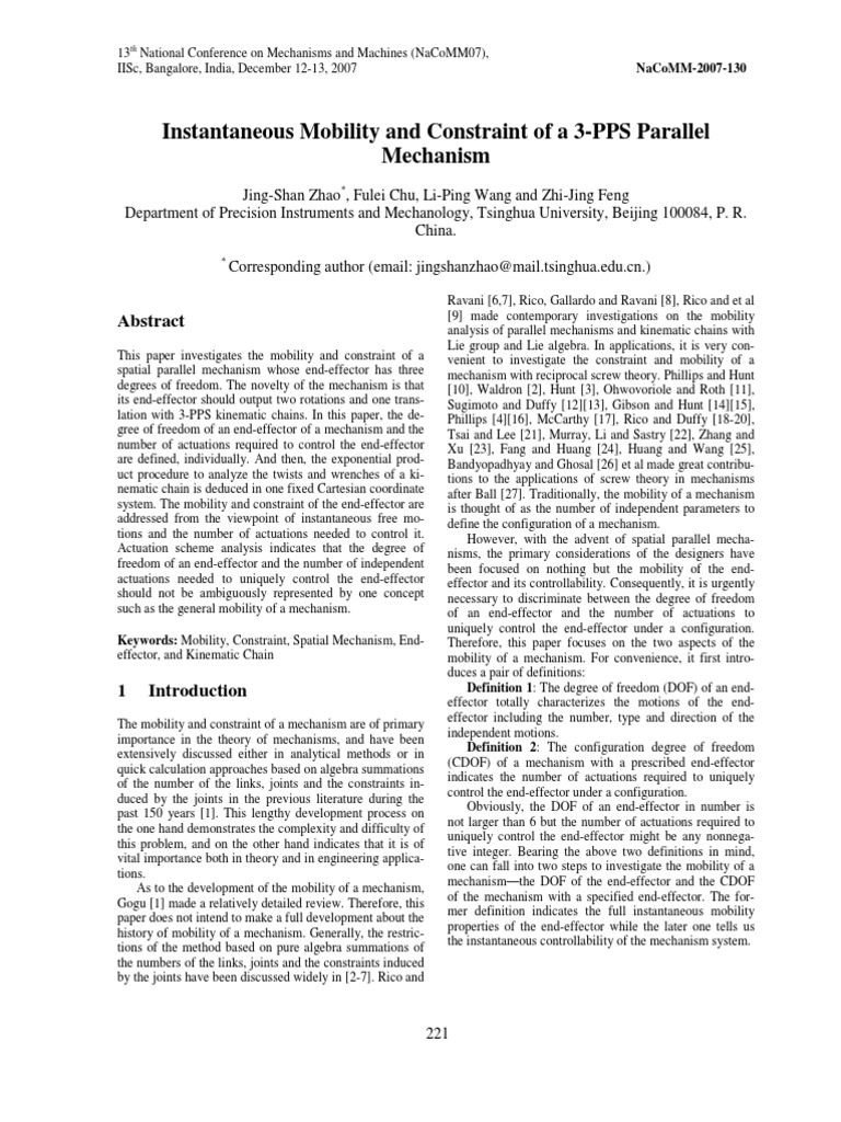 Instantaneous Mobility and Constraint of A 3-PPS Parallel Mechanism ...