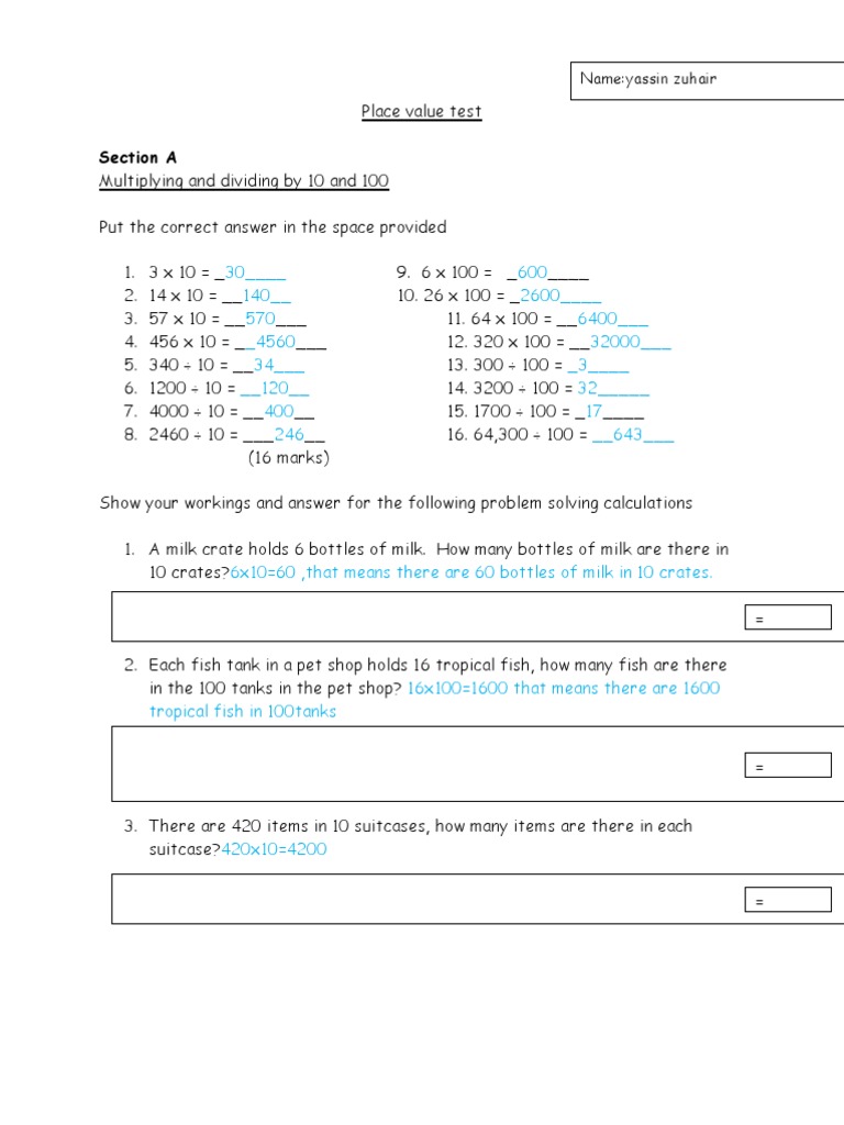 Place Value Test | PDF | Mathematical Problem Solving | Mathematical ...