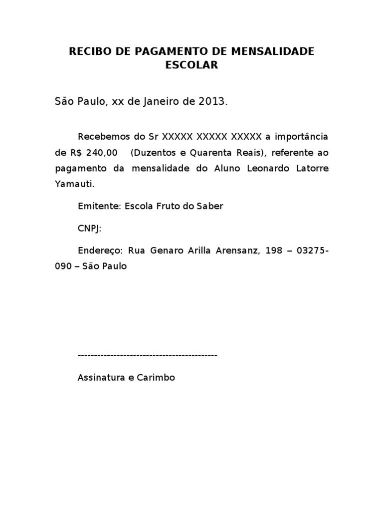 Recibo de Pagamento de Mensalidade Escolar