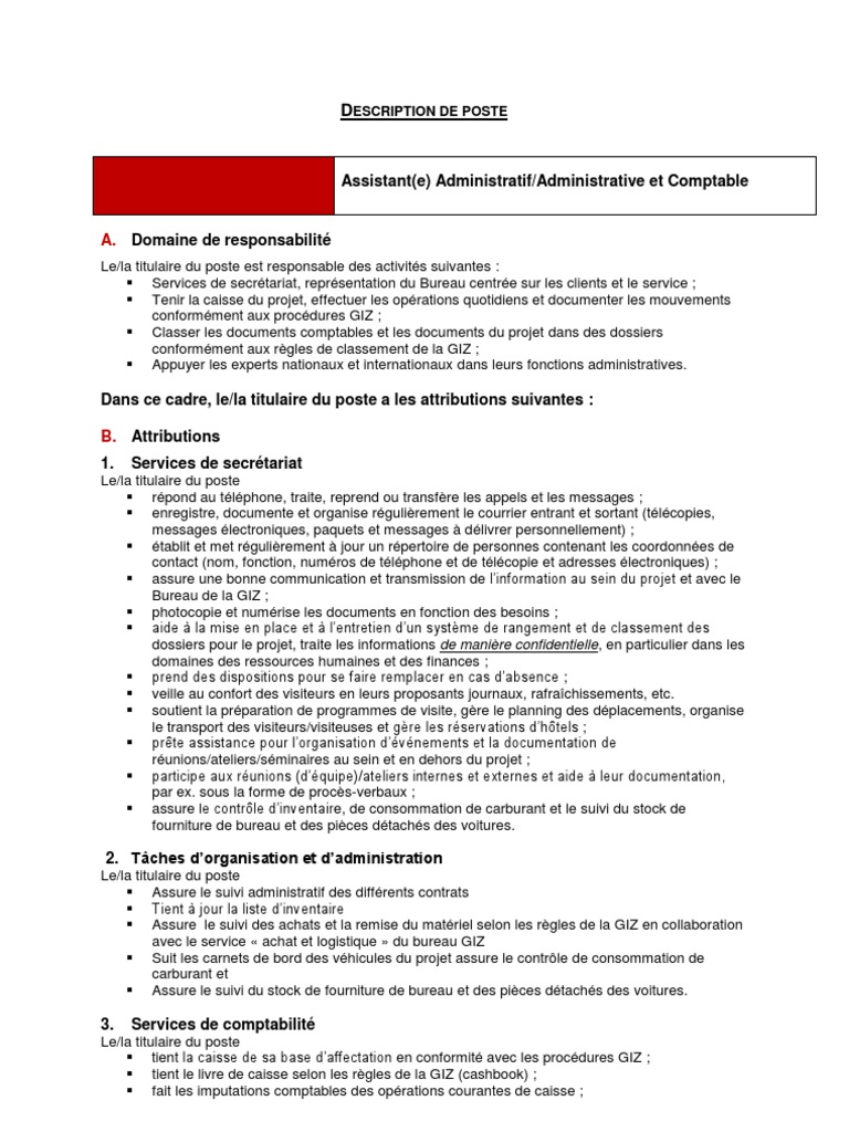 Description de Poste - Assistant Administratif Et Comptable - PACCS 2013 | PDF | Informatique ...