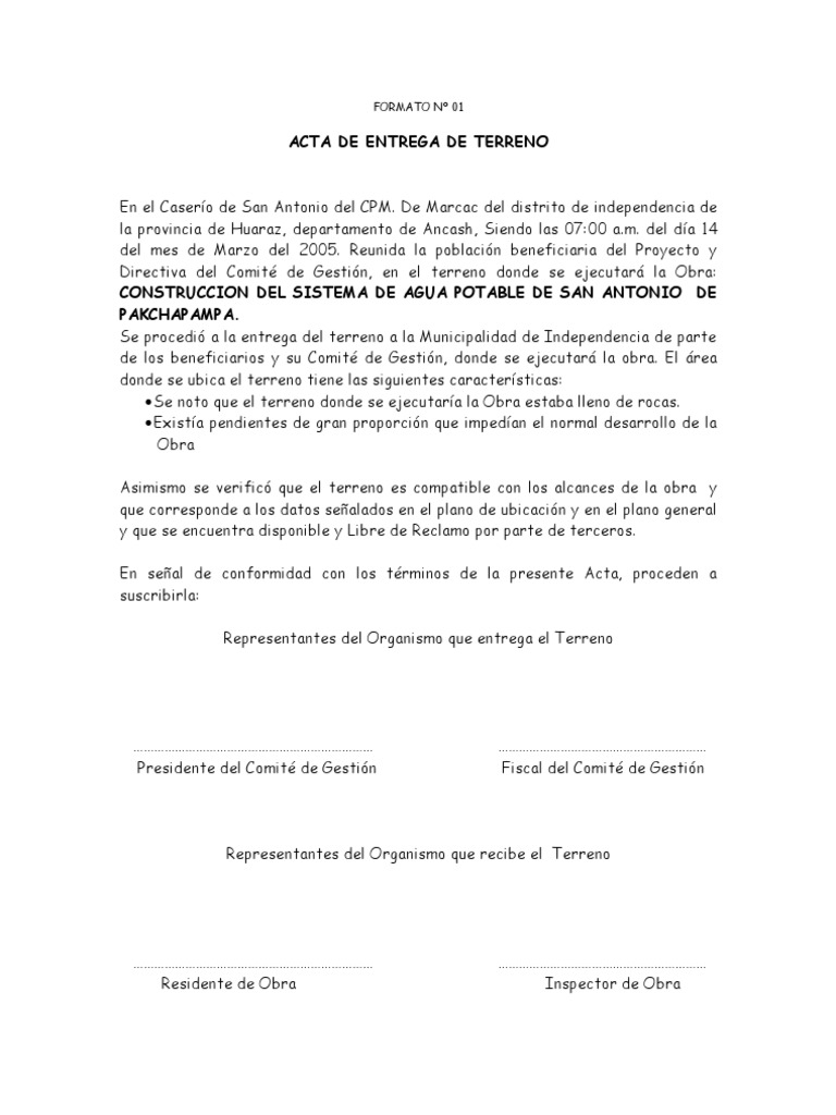 Modelo de Acta de Entrega de Materiales