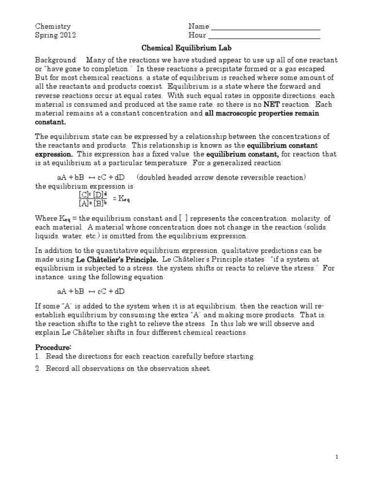 Chemical Equilibrium Lab 2012 | PDF | Chemical Equilibrium | Chemical ...