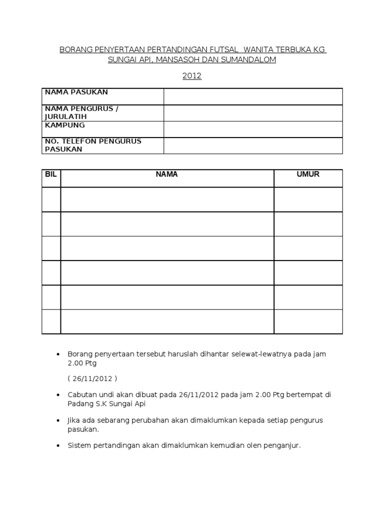 Borang Penyertaan Futsal | PDF