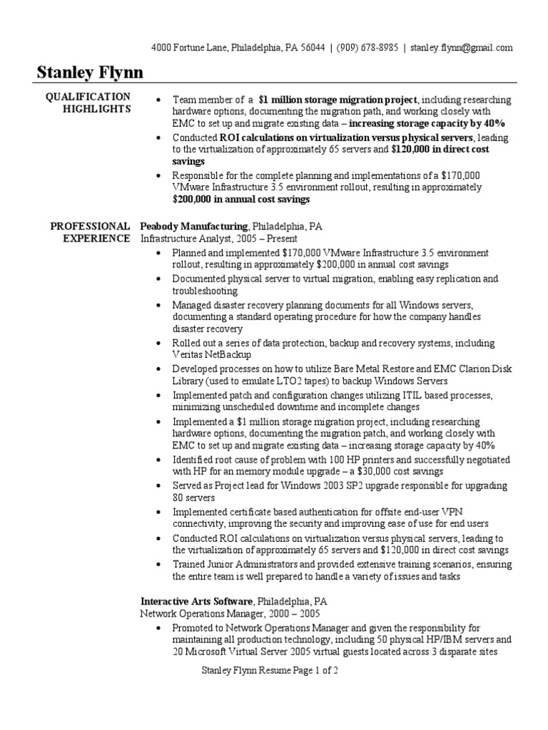 Infrastructure Analyst Resume Sample | PDF | Computer Data Storage ...