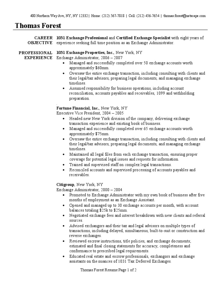 1031 Exchange Administrator Resume Sample | Download Free PDF ...