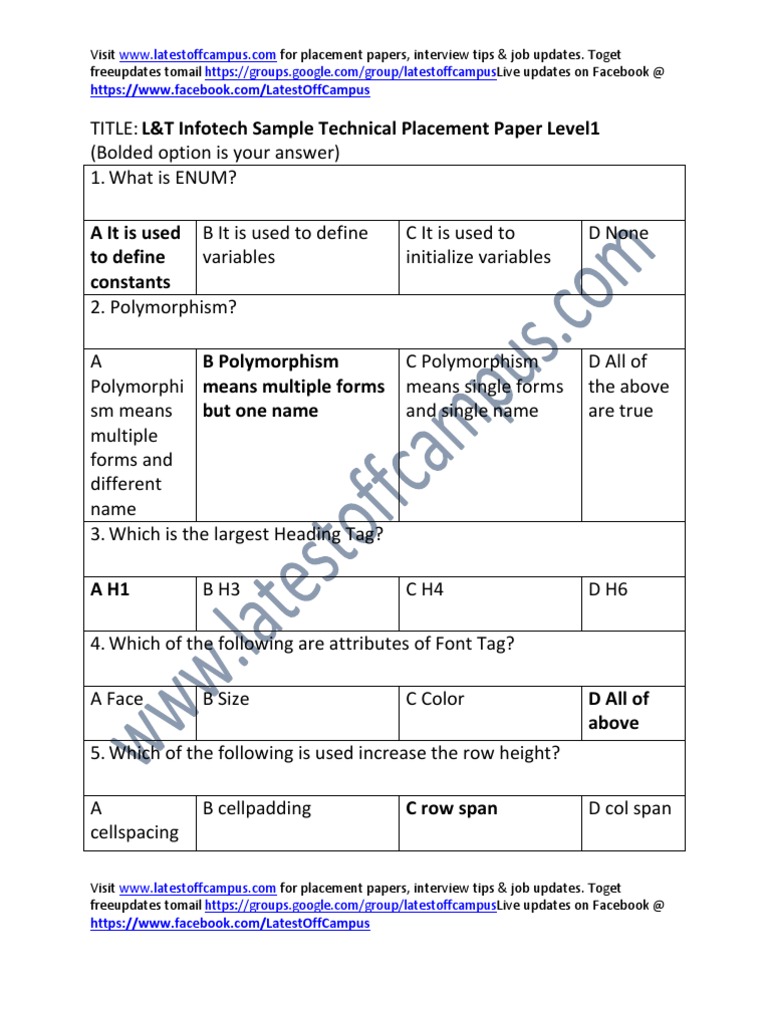 L&T Infotech Sample Technical Placement Paper Level1 | PDF | C ...