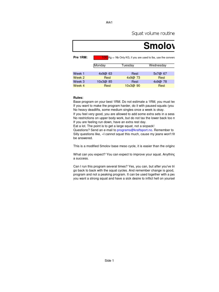 Smolov Squat Spreadsheet | PDF | Recreation | Sports