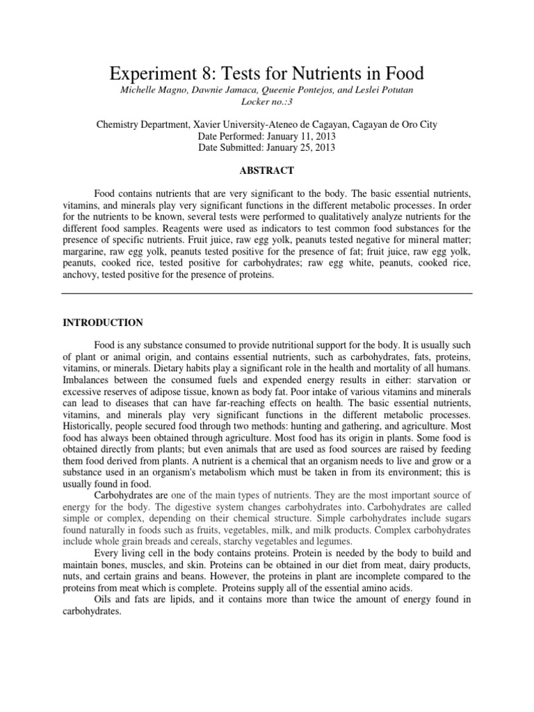 Experiment 8. Tests For Nutrients in Food | PDF | Nutrients | Carbohydrates