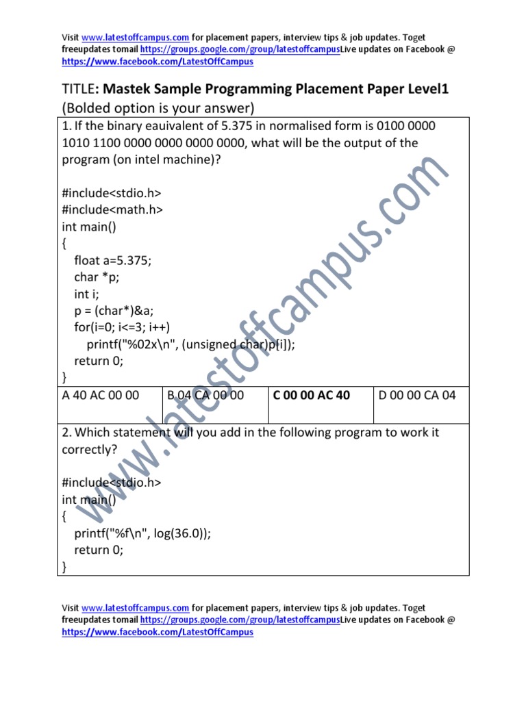 Mastek Placement Paper Sample | PDF | C Sharp (Programming Language) | C (Programming Language)