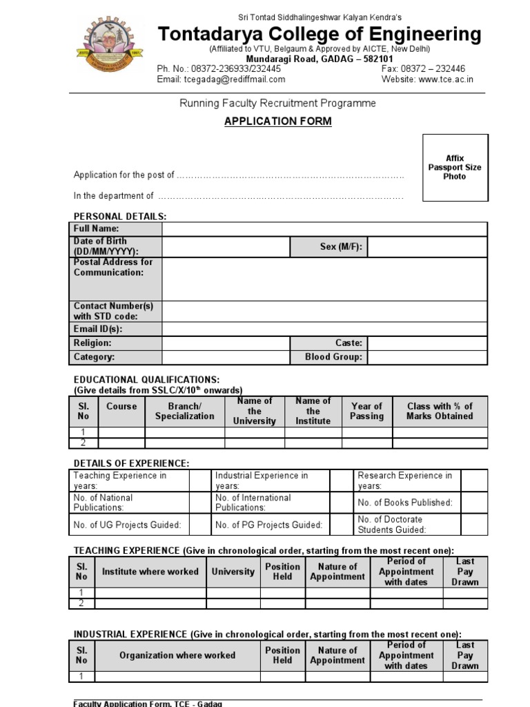 Faculty Application Form - TCE Gadag | PDF | Academic Certificate ...