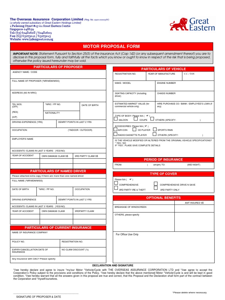 Motor Proposal Form: Particulars of Proposer Particulars of Vehicle | PDF