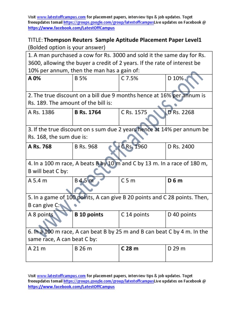 Thompson Reuters Sample Aptitude Placement Paper Level1 | PDF