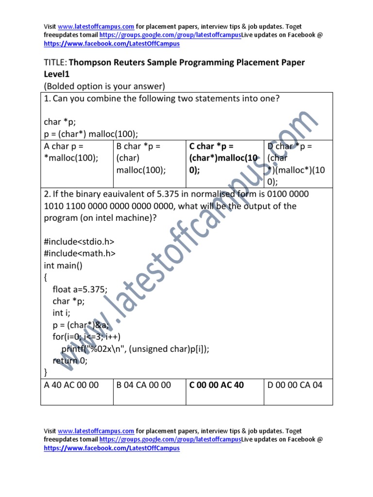 Thompsonreuterssampleprogrammingplacementpaperlevel1 C Programming Language Notation 