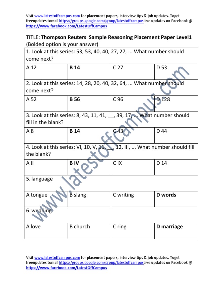 Thompson Reuters Sample Reasoning Placement Paper Level1 | PDF | Nature