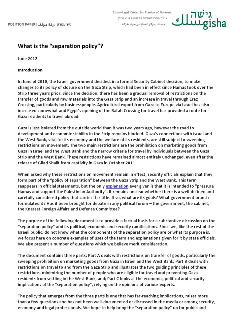 Understanding Israel's Separation Policy | PDF | Gaza Strip | West Bank