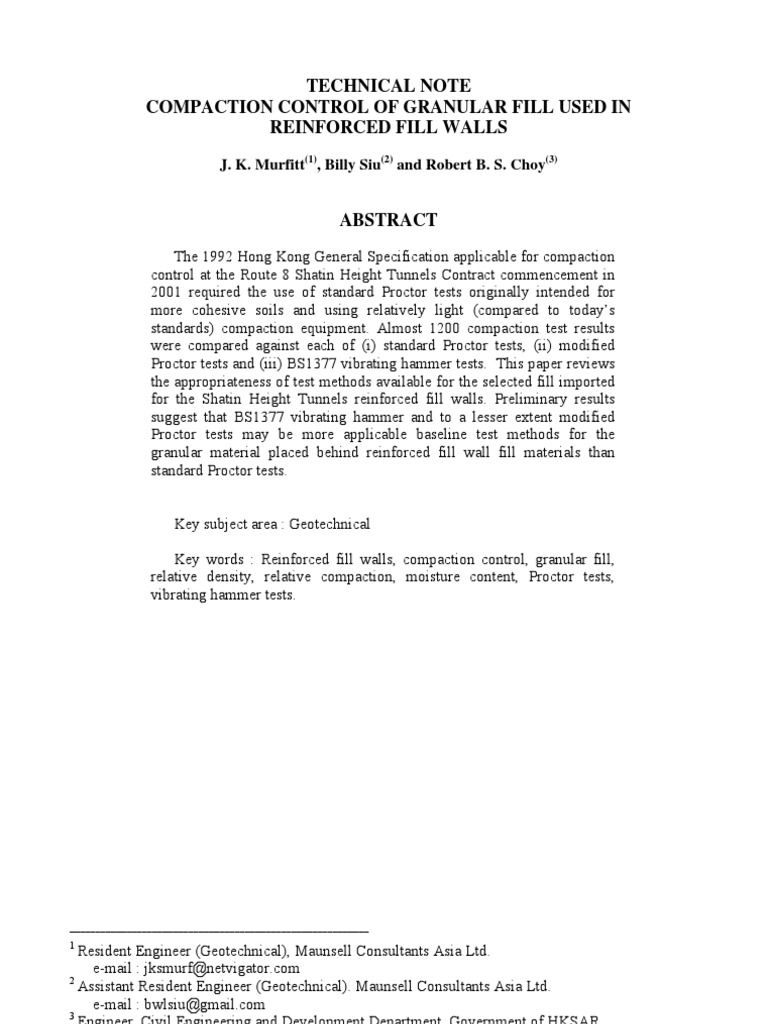 Compaction Control of Granular Fill Used in Reinforced Fill Walls | PDF ...