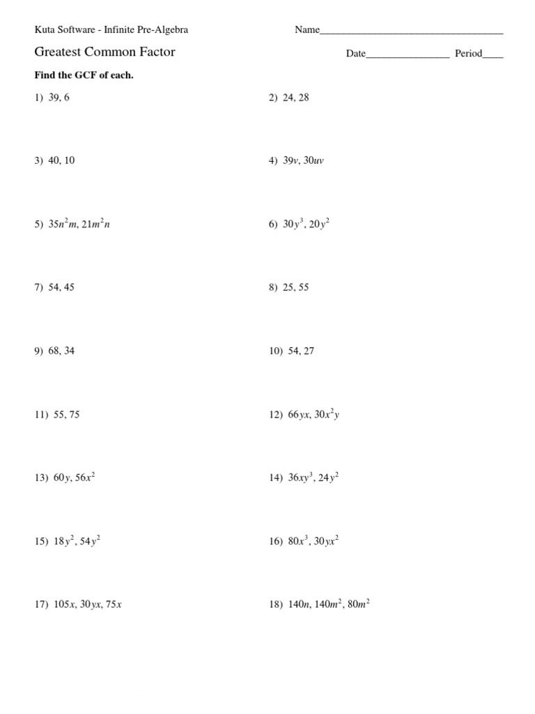 Gcf Worksheets Kuta Create Custom Grade 6, Pre Algebra, Algebra 1,