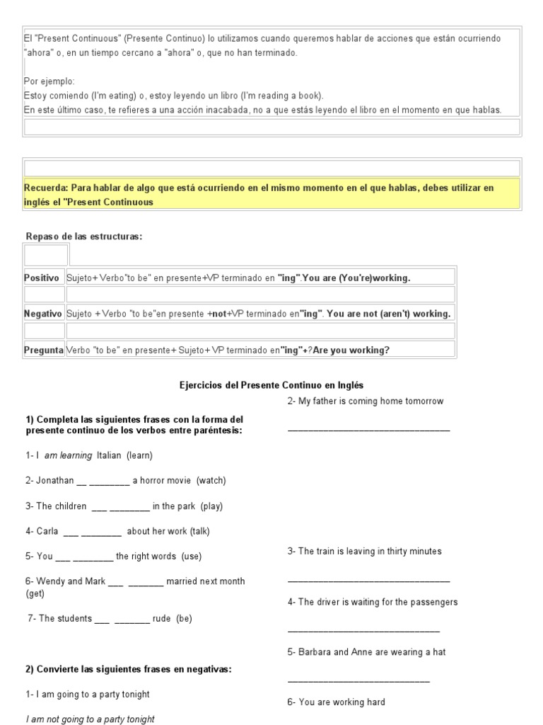 Presente Continuo Exercises | PDF