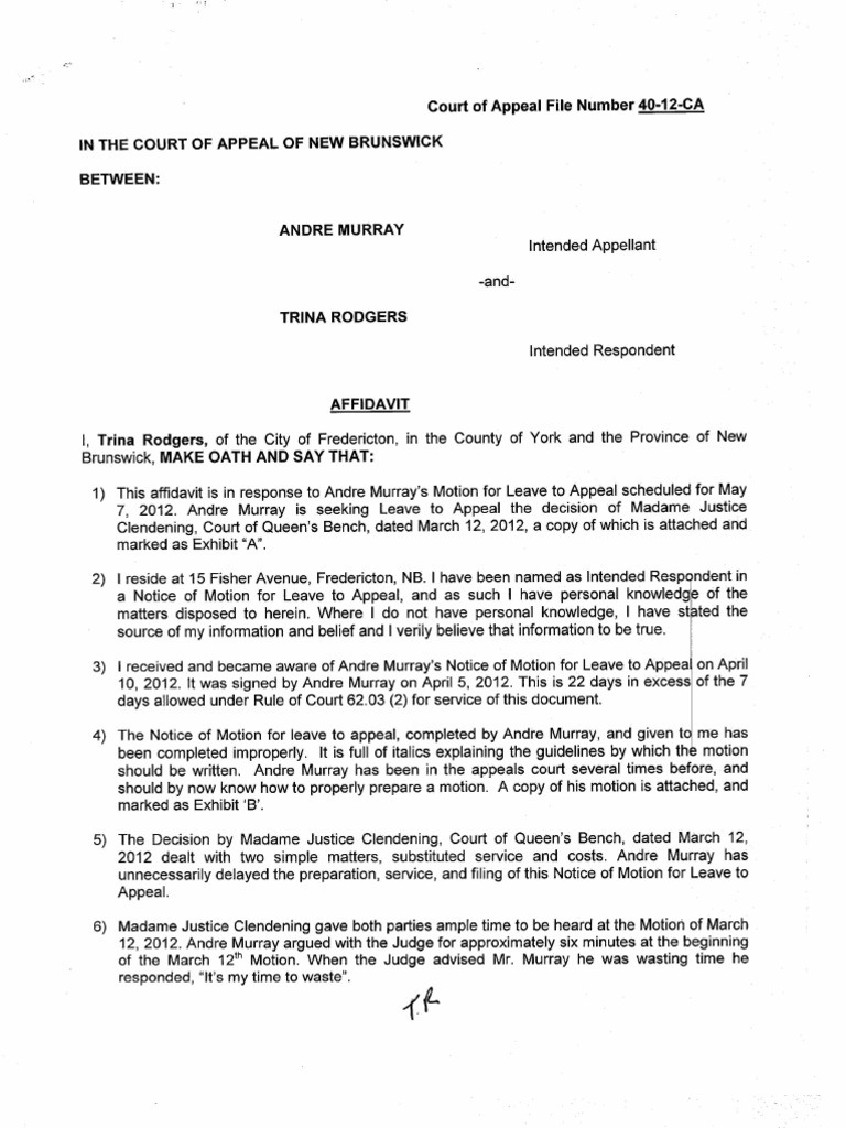 April 27, 2012 Affidavit of Intended Respondent Trina Rodgers in ...