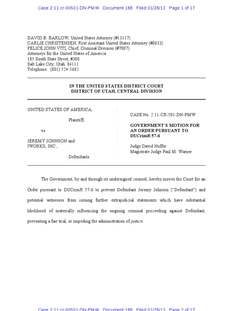 Motion For Gag Order Jeremy Johnson Criminal Case | PDF | Plea | Plea ...