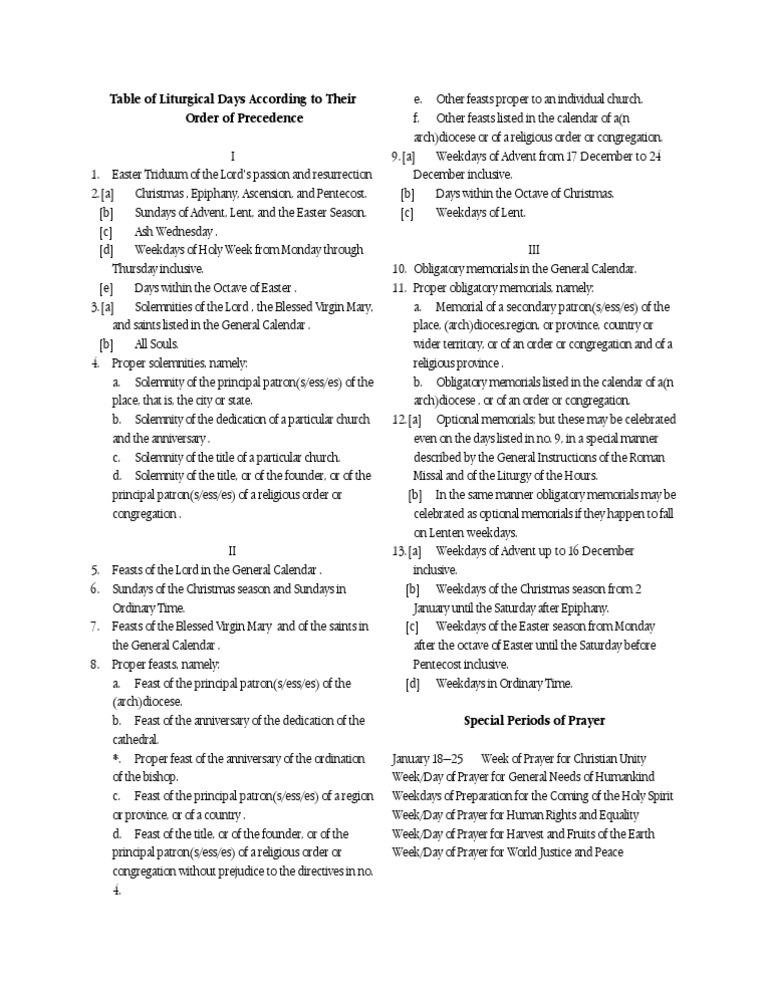 Table of Liturgical Days | PDF | Liturgical Year | Holidays
