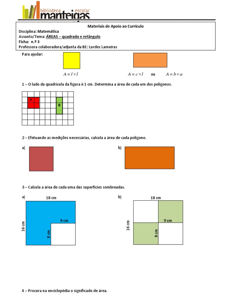 Exercícios de Área: Quadrado e Retângulo | PDF | Casa e Jardim | Arte