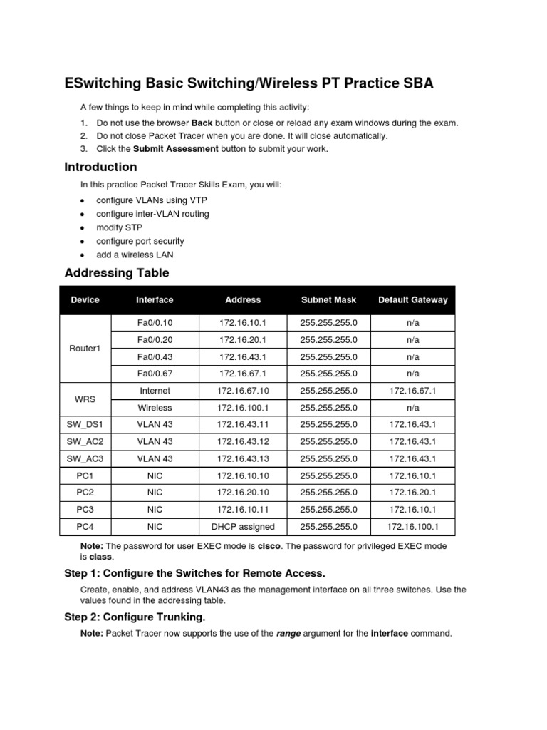 Ccna3 Eswitching Pt Practice Sba Pdf Ip Address Telecommunications
