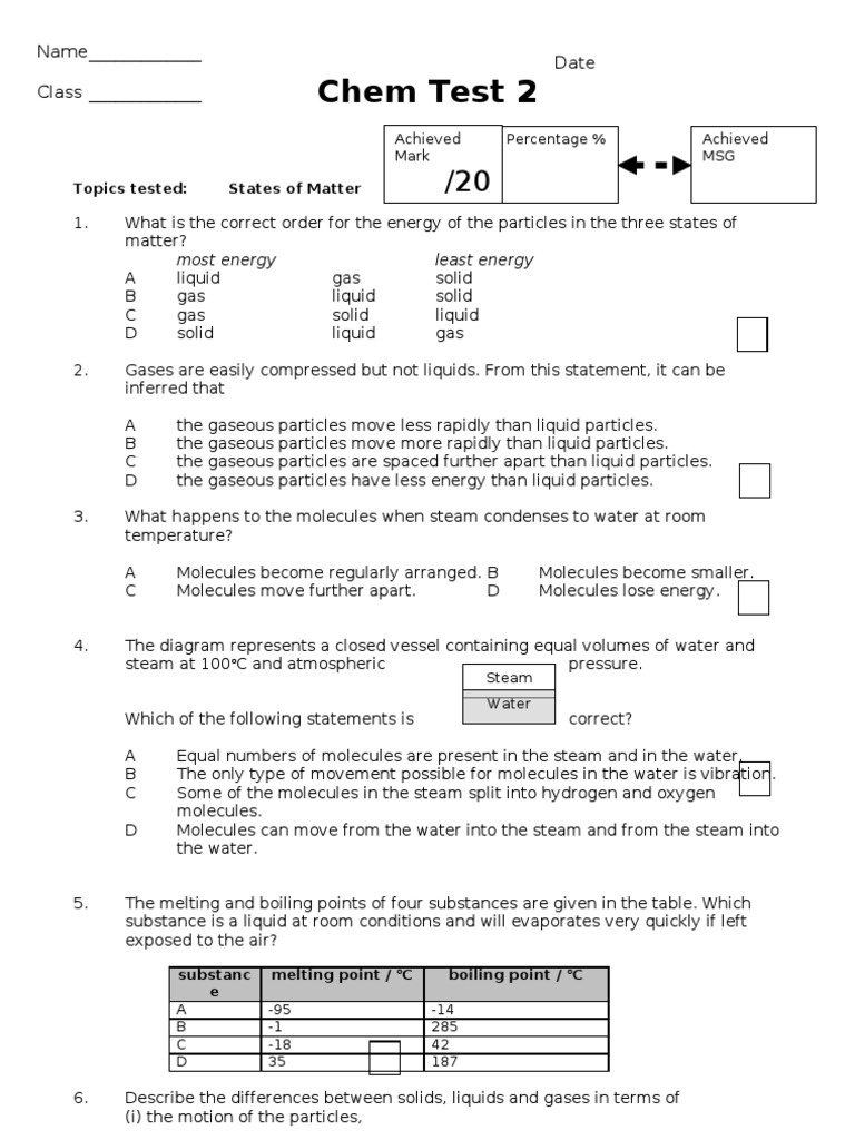 States of Matter Quiz | PDF | Liquids | Gases