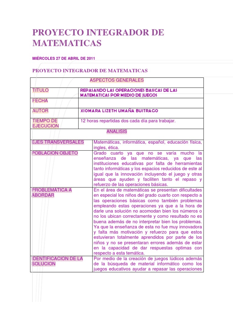 Proyecto Integrador de Matematicas | Educación primaria | Física y ...